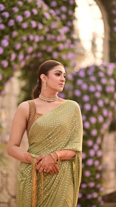 Mint Green Mukesh Saree Paired with Bronze Bead Blouse - O'NITAA